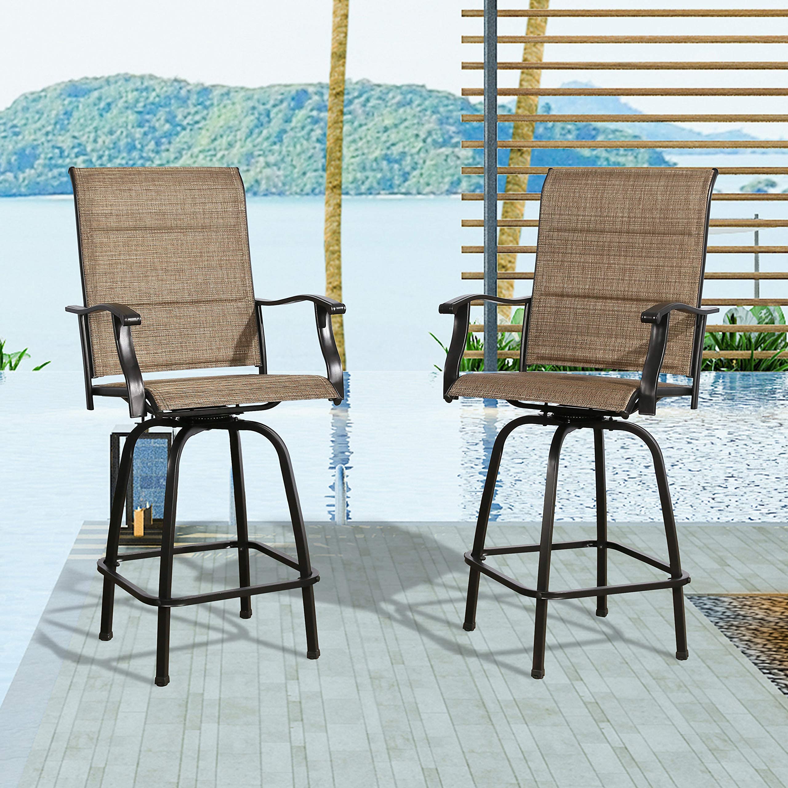 Iwicker Outdoor Swivel Bar Stools, Patio Textilene Bar Height Chairs with Quick-Dry Foam Padded, Set of 2