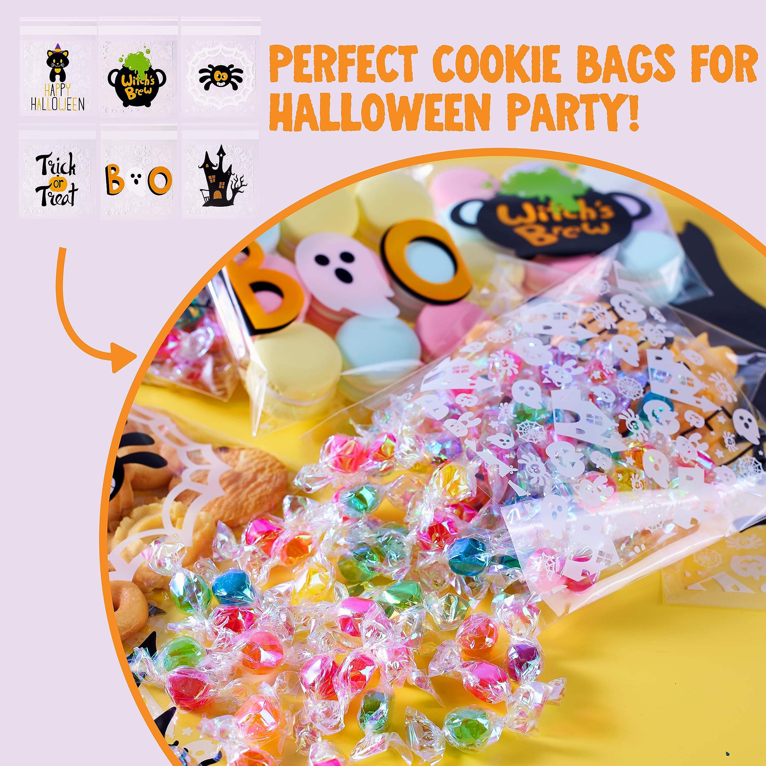 JOYIN 150 PCS Halloween Cellophane Treat Bags, Self Adhesive Clear Cookie and Candy Bags for Kids Trick or Treating, Goodie Gift Ziplock Bags for Halloween Party Favors Supplies