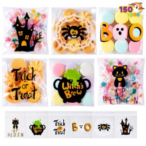 joyin 150 pcs halloween cellophane treat bags, self adhesive clear cookie and candy bags for kids trick or treating, goodie gift ziplock bags for halloween party favors supplies