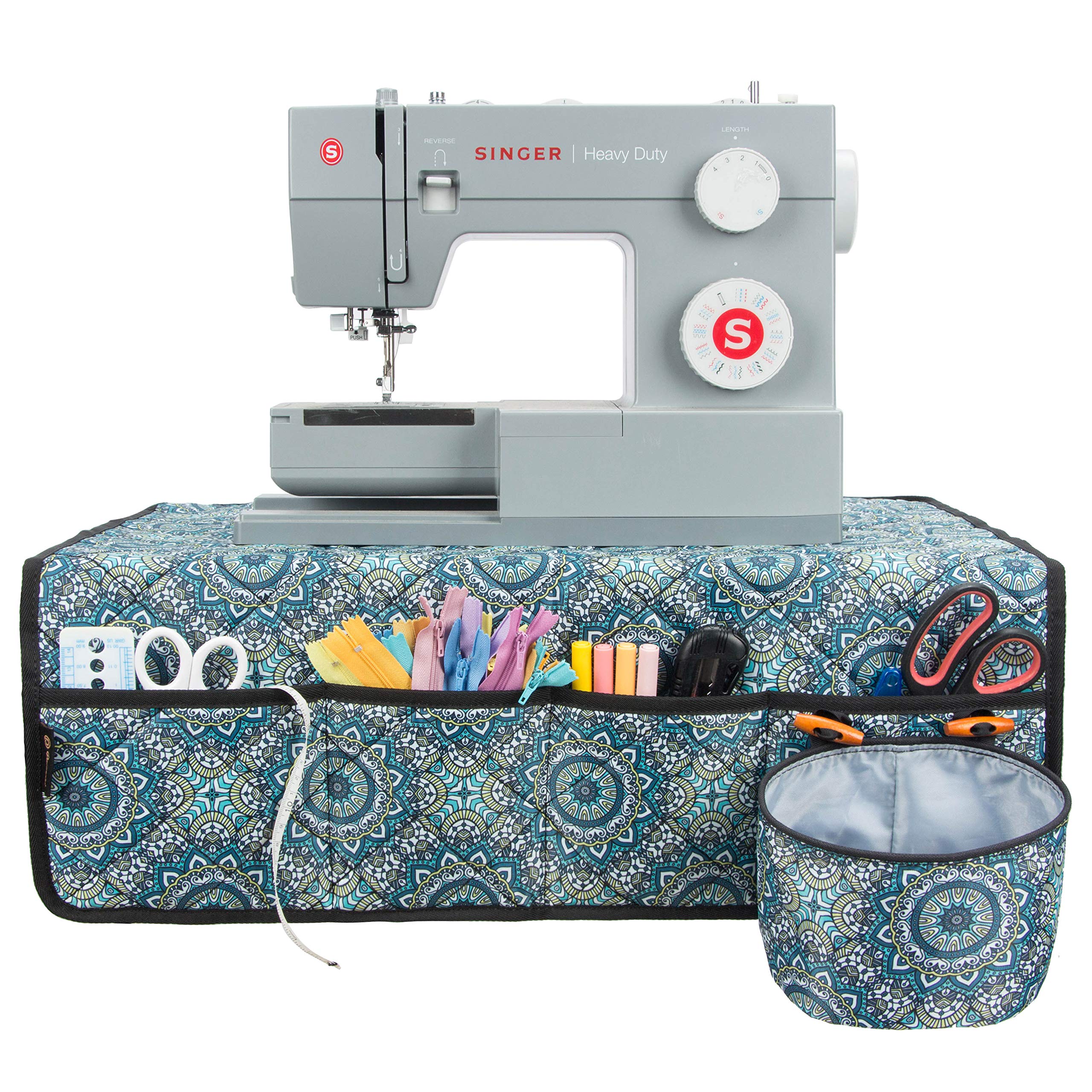 PACMAXI Sewing Machine Pad for Table with Pockets, Water-Resistant Sewing Machine Pad Organizer, Pad Organizer for Sewing Machine Accessories, Sewing Machine Mat (Floral with Beige Background)