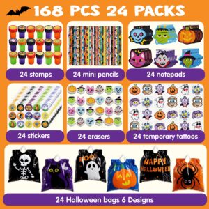 JOYIN 168 Pcs 24 Pack Assorted Halloween Art and Craft Stationery Kids Gift Set Trick or Treat Party Favor Toy Including Halloween Bag, Notepads, Stamps, Pencils, Stickers and Temporary Tattoos