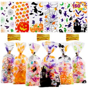 joyin 150 pcs halloween cellophane candy bags clear treat bags with twist ties, trick or treating bags, halloween goodie bags non candy cookie bags for kids halloween party favors supplies