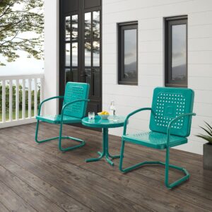 Crosley Furniture Bates 3-Piece Outdoor Chair and Side Table Set, Retro Metal Bistro Patio Conversation Sets, Turquoise Gloss