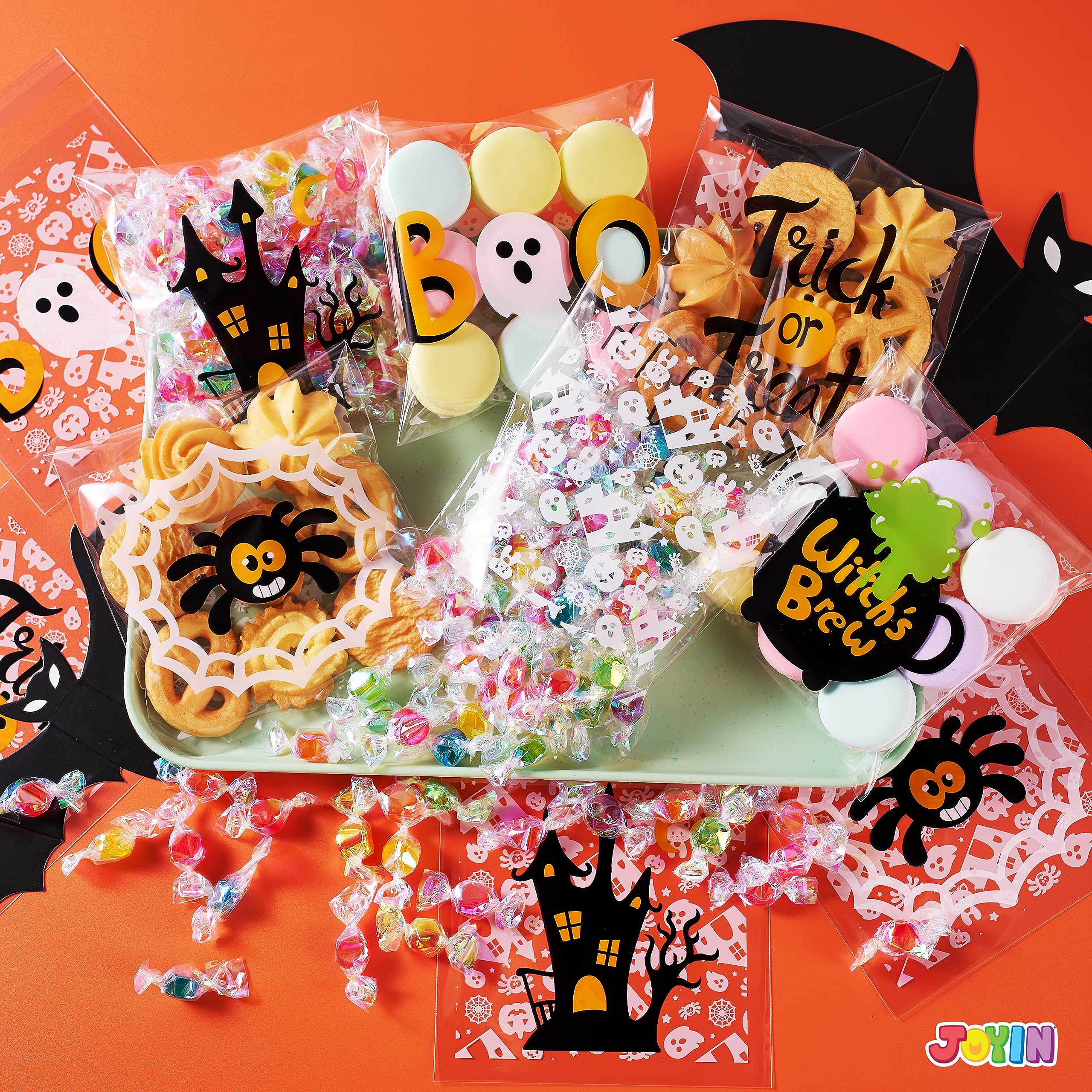 JOYIN 150 PCS Halloween Cellophane Treat Bags, Self Adhesive Clear Cookie and Candy Bags for Kids Trick or Treating, Goodie Gift Ziplock Bags for Halloween Party Favors Supplies