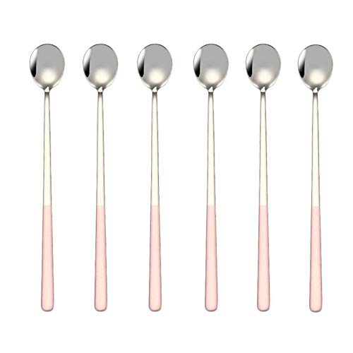 MBBITL 6-Pack Pink Silver 9" Ice Coffee Spoon Iced Teaspoon for Mixing Cocktail Stirring Tea Milkshake Cold Drink Stainless Steel