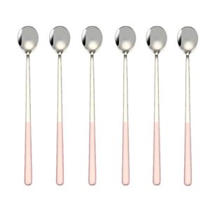 mbbitl 6-pack pink silver 9" ice coffee spoon iced teaspoon for mixing cocktail stirring tea milkshake cold drink stainless steel