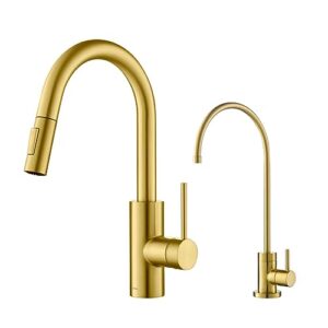 kraus oletto pull-down kitchen faucet and purita water filter faucet combo in brushed brass, kpf-2620-ff-100bb