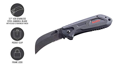 Smith's 51240 EdgeWork-Site Hawk Bill Folding Knife – 2.7” Blade – Stainless Steel w/Stonewash Finish – Frame Lock – Pocket Clip – Textured Handle – Easy Open Pocket Knife