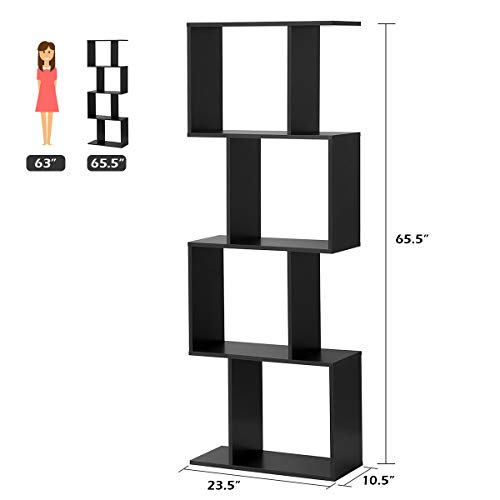 Giantex 4 Tier Bookshelf S Shaped Bookcase Set of 2, Wooden Display Decor Furniture, Free Standing Industrial Storage Rack for Living Room Bedroom Office, Modern 4 Shelf Bookcase (Black, 2)