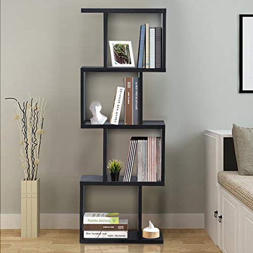 Giantex 4 Tier Bookshelf S Shaped Bookcase Set of 2, Wooden Display Decor Furniture, Free Standing Industrial Storage Rack for Living Room Bedroom Office, Modern 4 Shelf Bookcase (Black, 2)