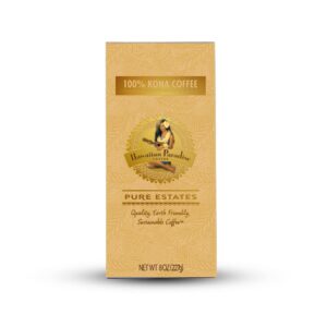 hawaiian paradise coffee 100% kona coffee, 8oz bag whole bean, kona roast, made in usa in small batches from sustainably grown arabica beans, pure estates