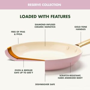 GreenPan Reserve Hard Anodized Healthy Ceramic Nonstick 10 Piece Cookware Pots and Pans Set, Gold Handle, PFAS-Free, Dishwasher Safe, Oven Safe, Blush Pink