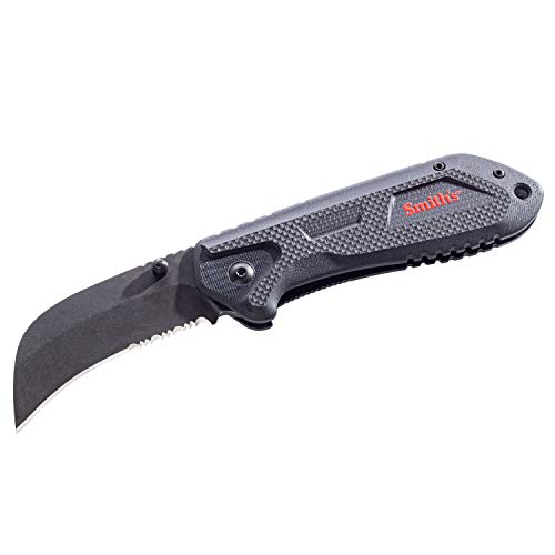 Smith's 51240 EdgeWork-Site Hawk Bill Folding Knife – 2.7” Blade – Stainless Steel w/Stonewash Finish – Frame Lock – Pocket Clip – Textured Handle – Easy Open Pocket Knife