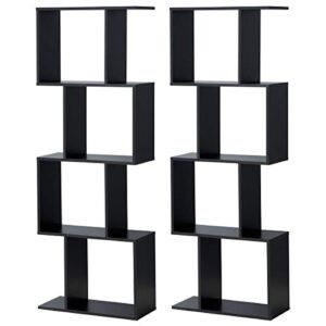 giantex 4 tier bookshelf s shaped bookcase set of 2, wooden display decor furniture, free standing industrial storage rack for living room bedroom office, modern 4 shelf bookcase (black, 2)