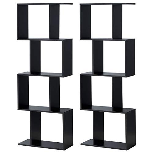 Giantex 4 Tier Bookshelf S Shaped Bookcase Set of 2, Wooden Display Decor Furniture, Free Standing Industrial Storage Rack for Living Room Bedroom Office, Modern 4 Shelf Bookcase (Black, 2)