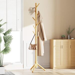 Pipishell Coat Rack Sturdy Wooden Coat Rack Stand, Adjustable Coat Tree, Free Standing Tree Hanger with 4 Sections & 8 Hooks, for Home/Bedroom/Office/Hallway/Entryway