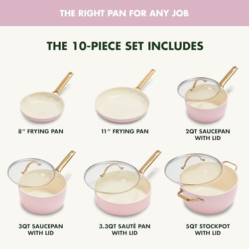 GreenPan Reserve Hard Anodized Healthy Ceramic Nonstick 10 Piece Cookware Pots and Pans Set, Gold Handle, PFAS-Free, Dishwasher Safe, Oven Safe, Blush Pink