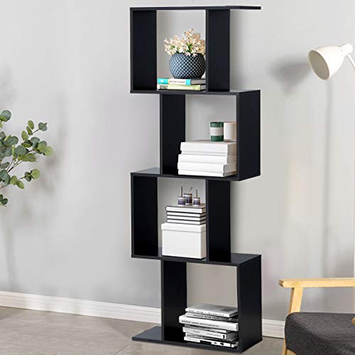 Giantex 4 Tier Bookshelf S Shaped Bookcase Set of 2, Wooden Display Decor Furniture, Free Standing Industrial Storage Rack for Living Room Bedroom Office, Modern 4 Shelf Bookcase (Black, 2)