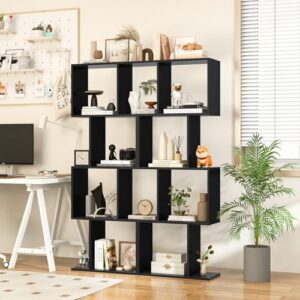 Giantex 4 Tier Bookshelf S Shaped Bookcase Set of 2, Wooden Display Decor Furniture, Free Standing Industrial Storage Rack for Living Room Bedroom Office, Modern 4 Shelf Bookcase (Black, 2)