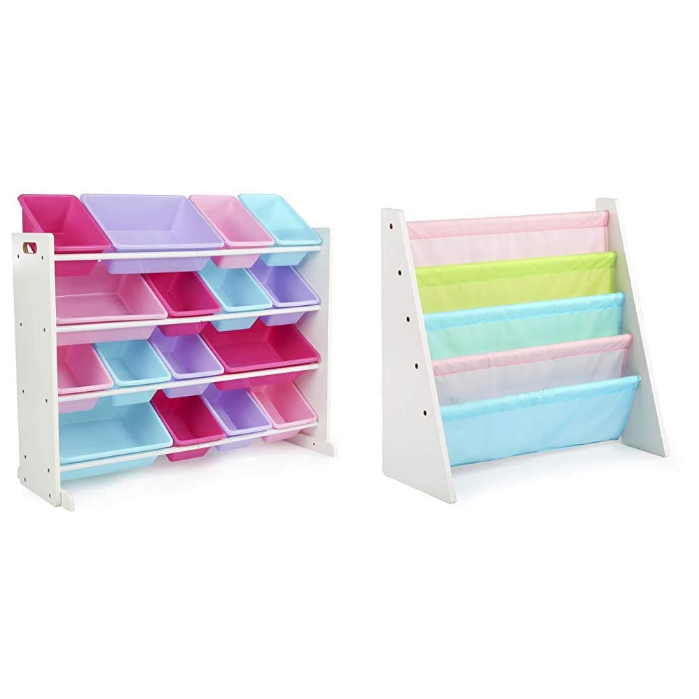 Humble Crew Toy Organizer (16 Bins) and Book Rack Storage Bookshelf (Pastel Collection)