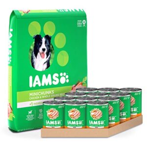 iams proactive health adult minichunks dry dog food and classic pate wet dog food cans, chicken recipes