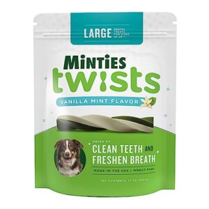 minties dental twists for dogs, vet-recommended vanilla-flavored dental chews, dental treats clean teeth, fight bad breath and removes plaque and tartar, green, 12 ounce (pack of 1)