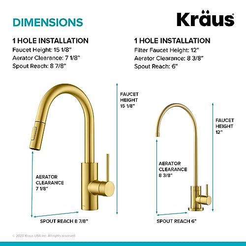 KRAUS Oletto Pull-Down Kitchen Faucet and Purita Water Filter Faucet Combo in Brushed Brass, KPF-2620-FF-100BB