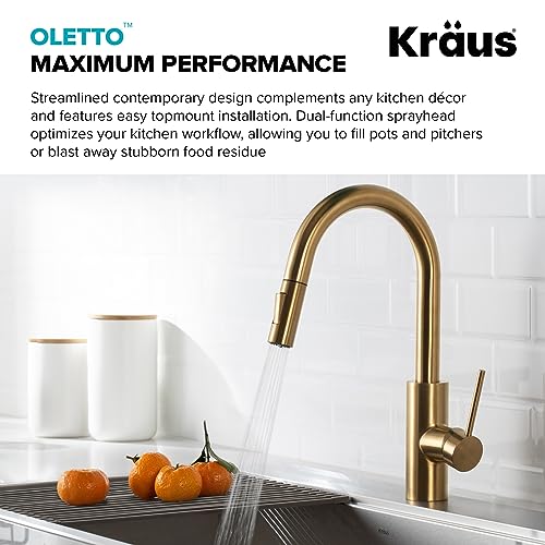 KRAUS Oletto Pull-Down Kitchen Faucet and Purita Water Filter Faucet Combo in Brushed Brass, KPF-2620-FF-100BB