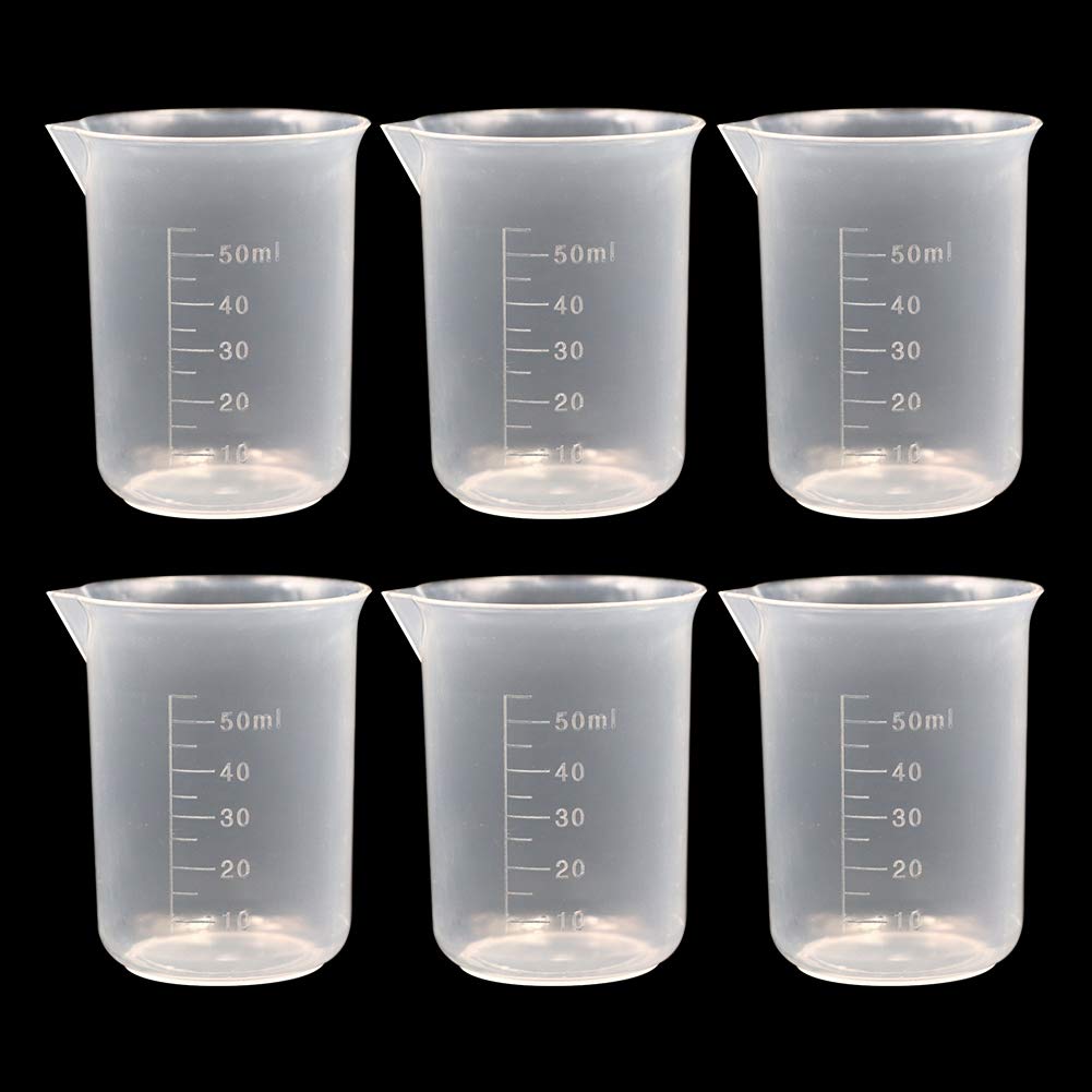 6 Pack 50ml Lab Plastic Graduated Beaker Transparent Measuring Beaker Cup Mixing Cup Liquid Container for Science Lab