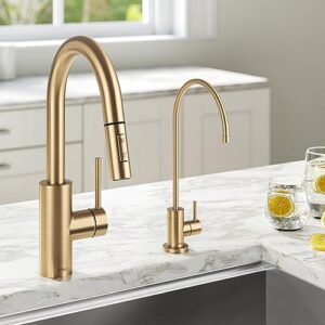 KRAUS Oletto Pull-Down Kitchen Faucet and Purita Water Filter Faucet Combo in Brushed Brass, KPF-2620-FF-100BB