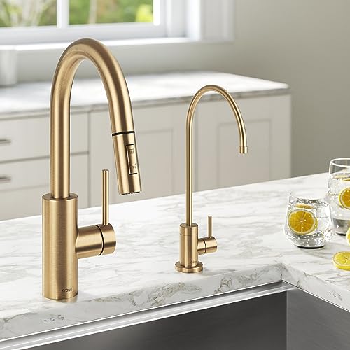 KRAUS Oletto Pull-Down Kitchen Faucet and Purita Water Filter Faucet Combo in Brushed Brass, KPF-2620-FF-100BB