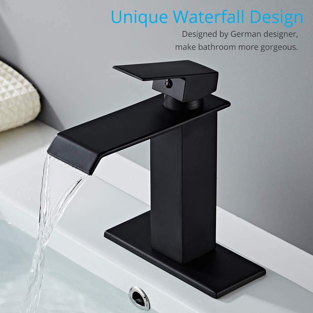 Wovier Matte Black Waterfall Bathroom Sink Faucet with Cover Plate,Single Handle Single Hole Brass Lavatory Vanity Faucet,Basin Mixer Taps with Supply Hose