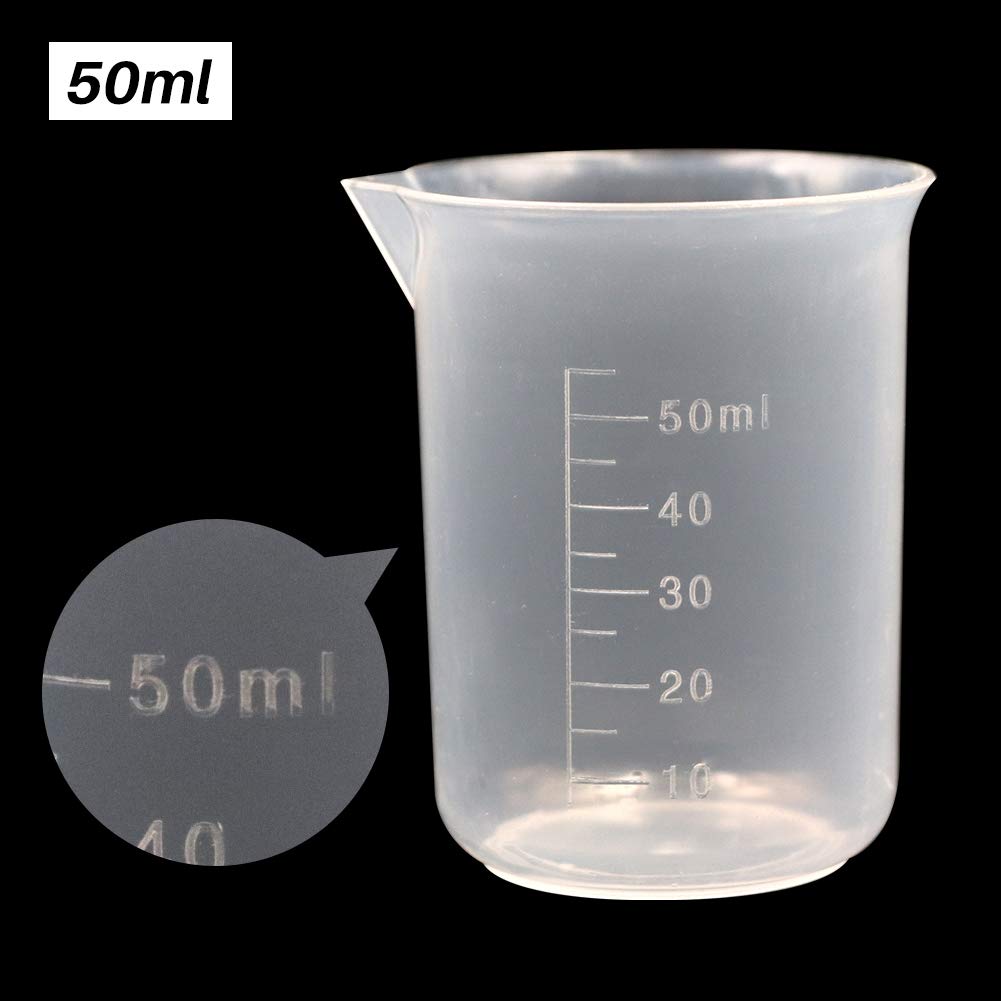 6 Pack 50ml Lab Plastic Graduated Beaker Transparent Measuring Beaker Cup Mixing Cup Liquid Container for Science Lab