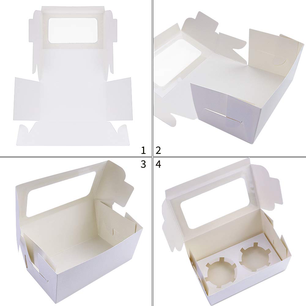 PRALB 50Pack White Paper Cupcake Boxes with Pvc Window and Two Treat Holder, Pastry and Cookie Box,Cupcake Containers Bakery Cake Box,Auto-Popup Cupcake Carriers Bakery Cake Box(6.3x3.5x3inch)