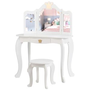 costzon kids vanity table and chair set, princess makeup dressing table with drawer & tri-folding mirror, 2 in 1 vanity set with detachable top, pretend beauty play vanity set for girls (white)