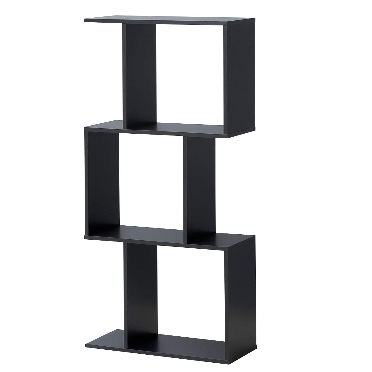 Giantex 3-Tier Bookshelf S Shaped Bookcase, Free Standing Industrial Storage Rack, Multifunctional Display Decor Furniture for Living Room Bedroom Office, 3 Shelf Bookcase (Black, 1)