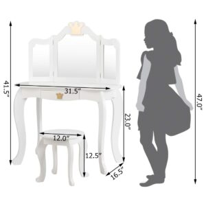 Costzon Kids Vanity Table and Chair Set, Princess Makeup Dressing Table with Drawer & Tri-Folding Mirror, 2 in 1 Vanity Set with Detachable Top, Pretend Beauty Play Vanity Set for Girls (White)