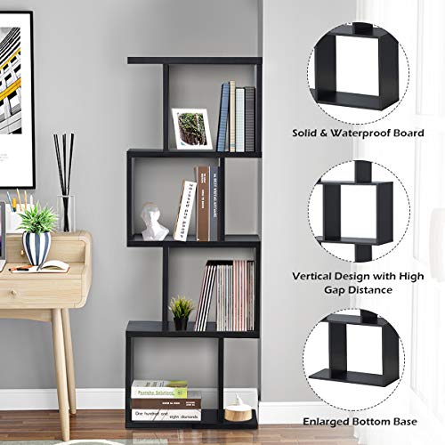 Giantex 4 Tier Bookshelf S Shaped Bookcase Set of 2, Wooden Display Decor Furniture, Free Standing Industrial Storage Rack for Living Room Bedroom Office, Modern 4 Shelf Bookcase (Black, 2)