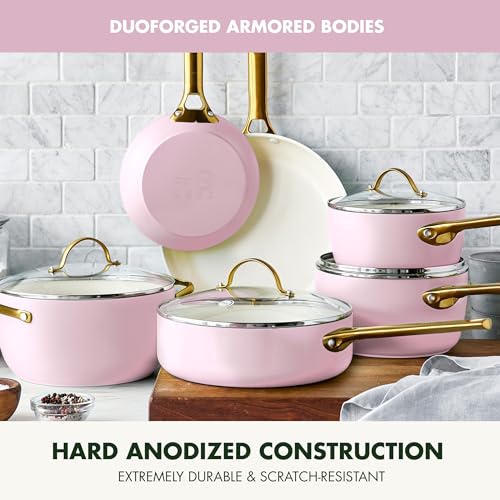 GreenPan Reserve Hard Anodized Healthy Ceramic Nonstick 10 Piece Cookware Pots and Pans Set, Gold Handle, PFAS-Free, Dishwasher Safe, Oven Safe, Blush Pink