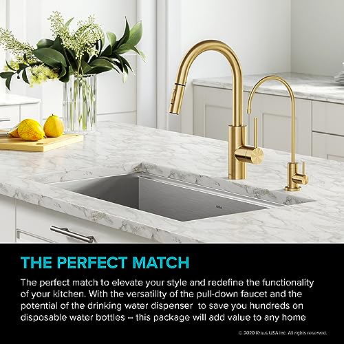 KRAUS Oletto Pull-Down Kitchen Faucet and Purita Water Filter Faucet Combo in Brushed Brass, KPF-2620-FF-100BB