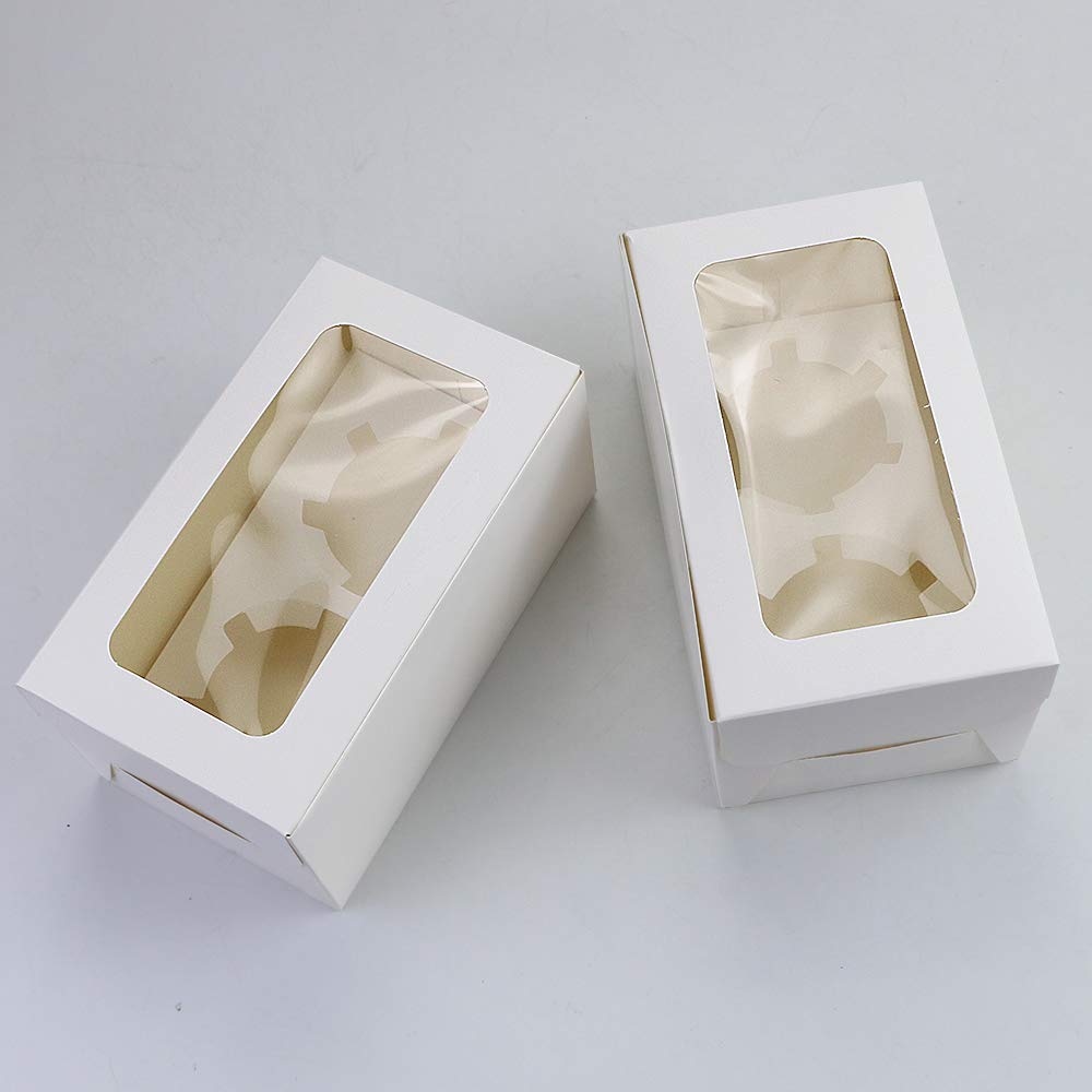 PRALB 50Pack White Paper Cupcake Boxes with Pvc Window and Two Treat Holder, Pastry and Cookie Box,Cupcake Containers Bakery Cake Box,Auto-Popup Cupcake Carriers Bakery Cake Box(6.3x3.5x3inch)