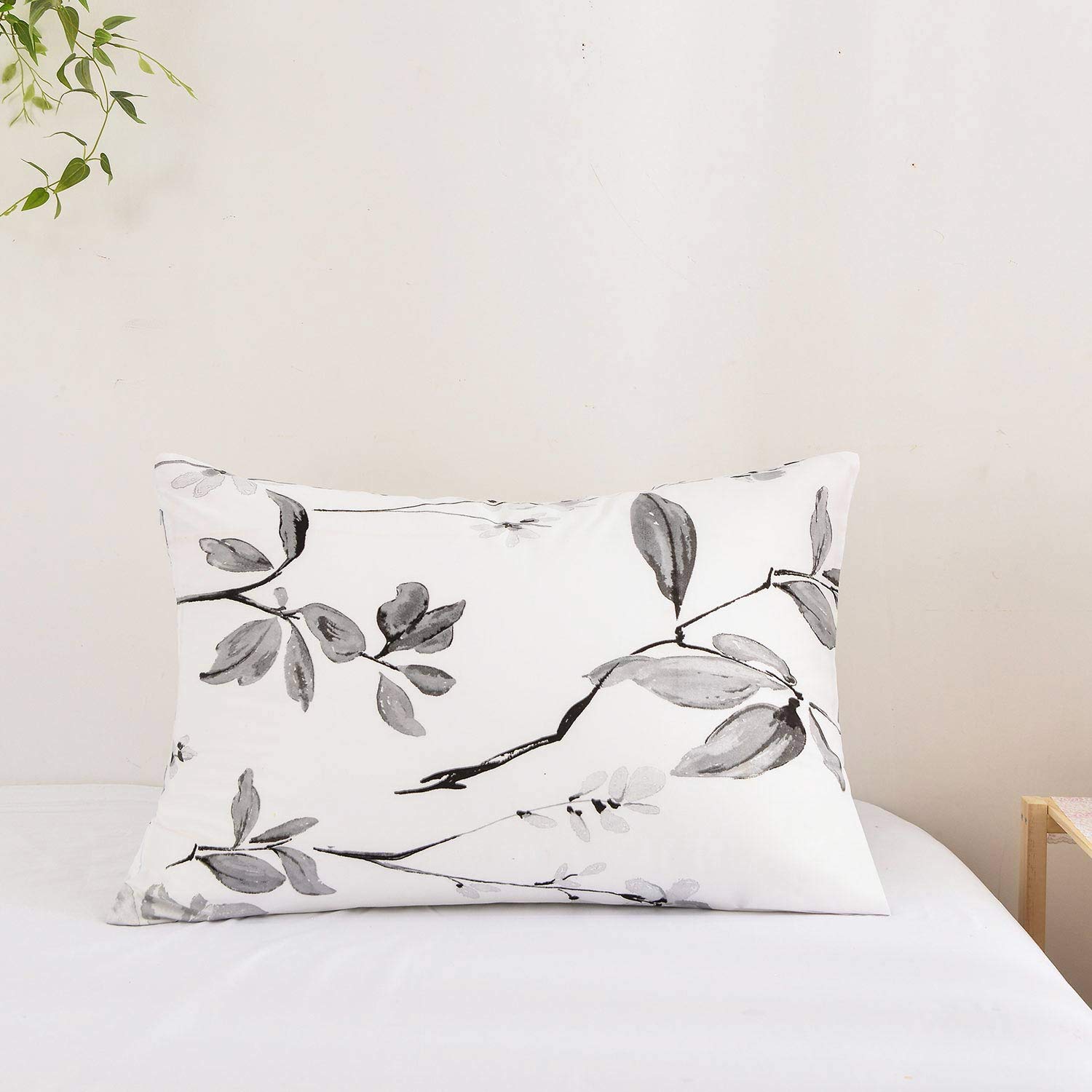 NANKO Queen Pillow Case Set (2 Pack), White Floral Printed Pattern Pillowcases/Pillow Shams for Modern Duvet Cover/Bed Sheets Set- 20x30 inch Standard, Grey Flower Leaf