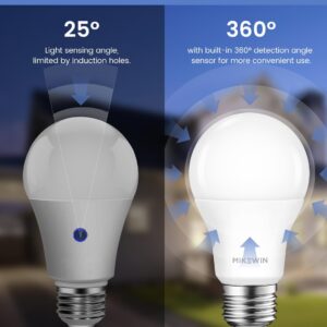 MikeWin Dusk to Dawn Light Bulbs Outdoor, Auto ON/Off Light Sensor LED Bulb 13W(100W Equivalent) Super Bright A19 E26 5000K Daylight Security Light Bulbs for Porch Garage Patio Front Door, 2 Pack