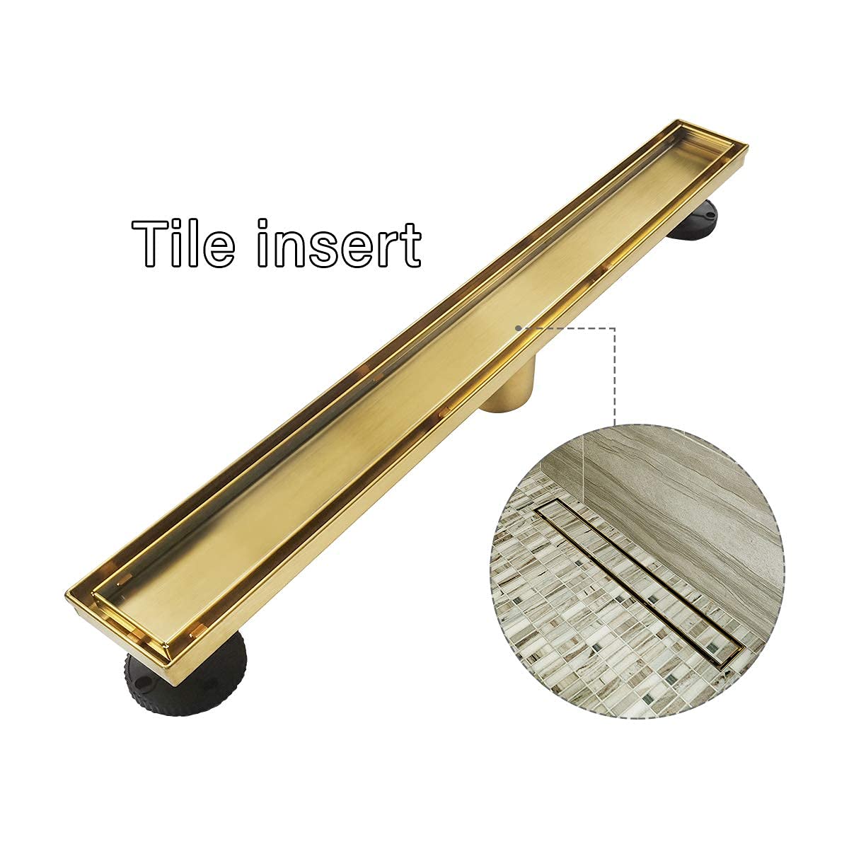 Neodrain 24-Inch Gold Linear Shower Drain, 2-in-1 Flat & Tile Insert Cover, Stainless Steel Linear Drain, Brushed Brass Rectangle Shower Floor Drain with Hair Strainer, Watermark&CUPC Certified