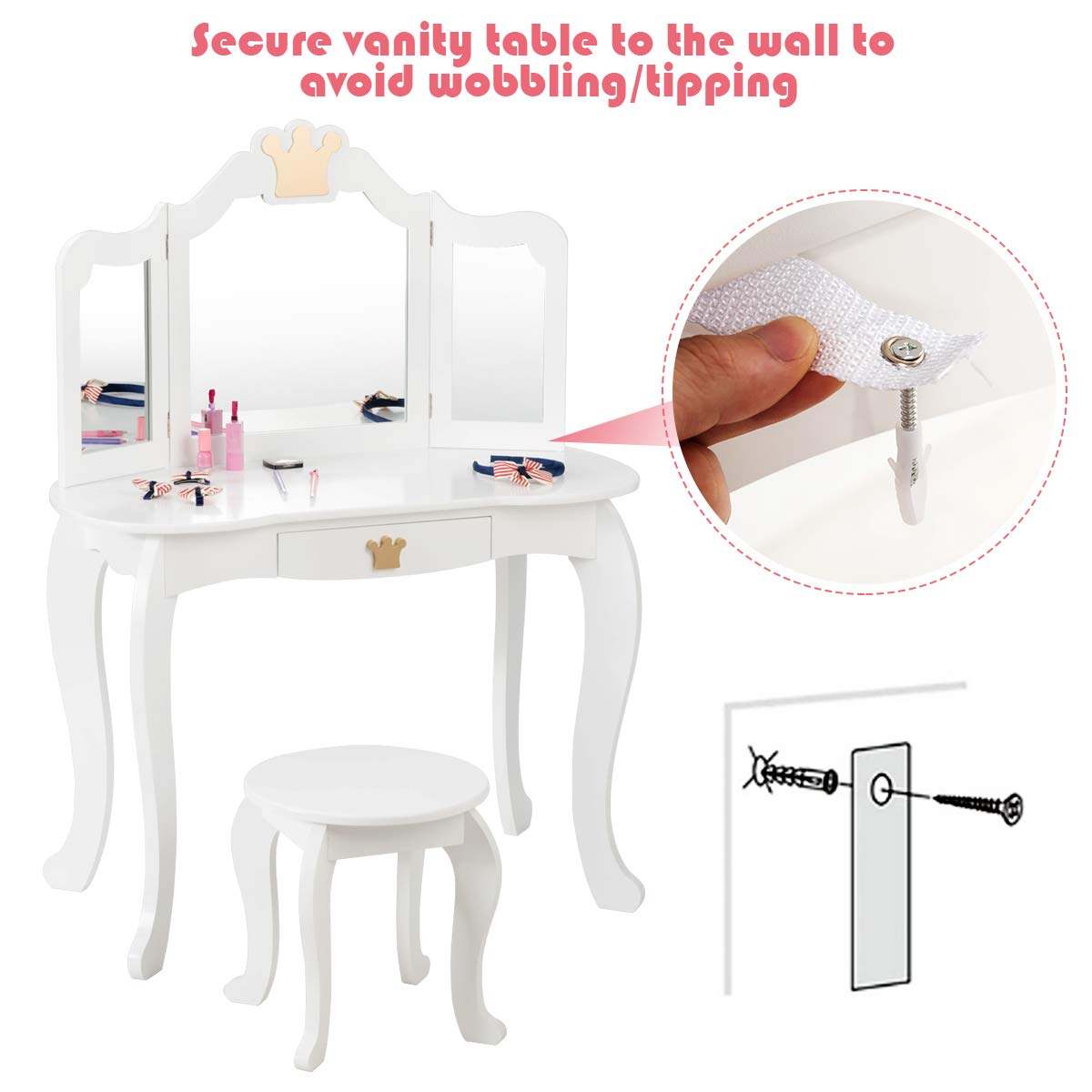 Costzon Kids Vanity Table and Chair Set, Princess Makeup Dressing Table with Drawer & Tri-Folding Mirror, 2 in 1 Vanity Set with Detachable Top, Pretend Beauty Play Vanity Set for Girls (White)