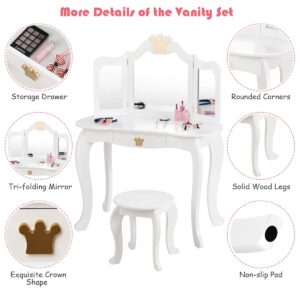 Costzon Kids Vanity Table and Chair Set, Princess Makeup Dressing Table with Drawer & Tri-Folding Mirror, 2 in 1 Vanity Set with Detachable Top, Pretend Beauty Play Vanity Set for Girls (White)