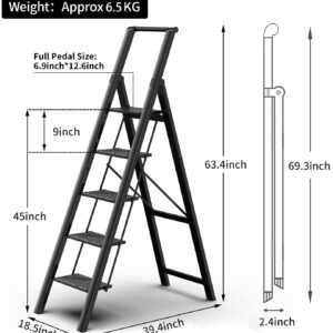 GameGem 4 Step Ladder, Folding Step Stool with Anti-Slip and Wide Pedal, Lightweight Aluminum Space Saving Stepladder with Handgrip for Home and Kitchen, 330 lbs Capacity