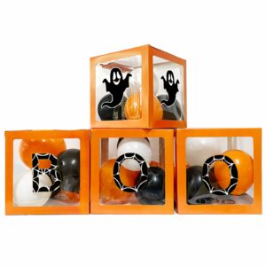 halloween balloon boxes decorations - orange transparent box for halloween baby shower, birthday party decorations - includes 4 box blocks, black ghost boo letter stickers, 20 latex balloons