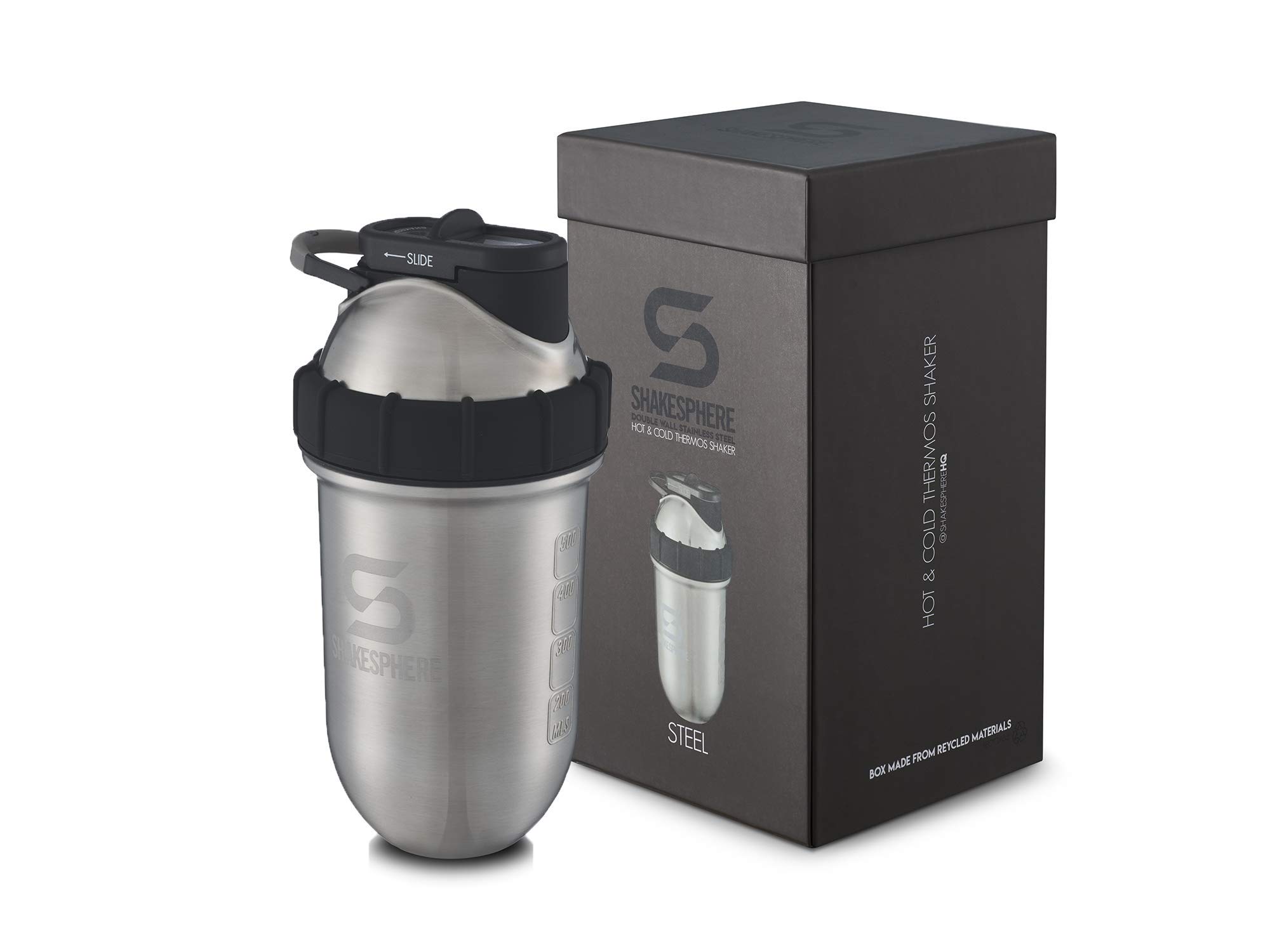 SHAKESPHERE Steel Protein Shaker Bottle - Insulated, BPA-Free, 24oz - Leak-Proof, Easy to Clean, No Mixer Ball Needed - Keeps Drinks Hot & Cold - Ideal for Shakes & Smoothies (Steel)