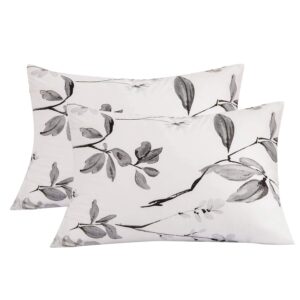 nanko queen pillow case set (2 pack), white floral printed pattern pillowcases/pillow shams for modern duvet cover/bed sheets set- 20x30 inch standard, grey flower leaf